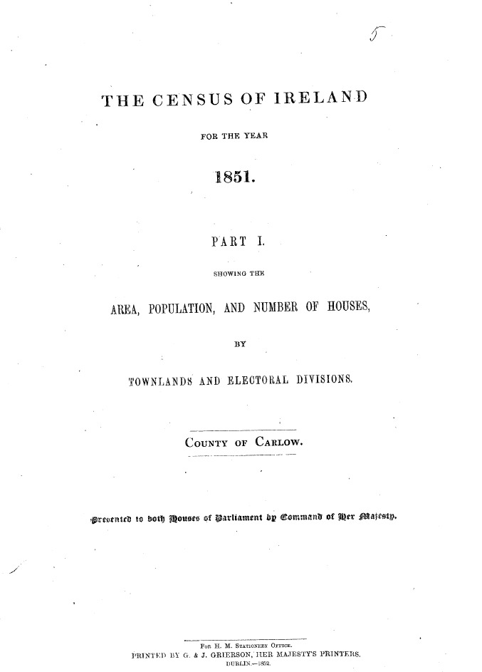 Census Reports: Carlow 1851 - Irish Family History Centre