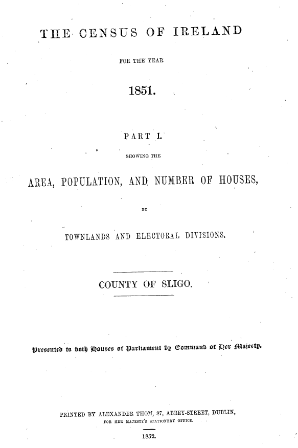 Census Reports: County Sligo 1851 - Irish Family History Centre
