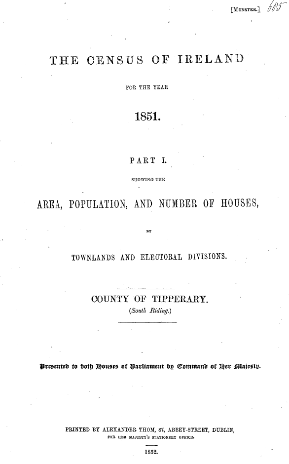 Census Reports: County Tipperary South Riding 1851 - Irish Family History Centre