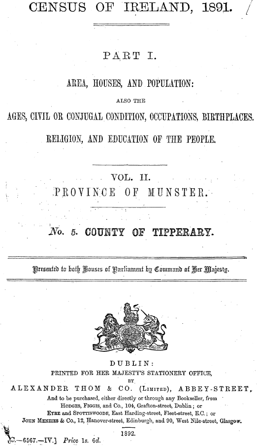 Census Reports: County Tipperary 1891 - Irish Family History Centre