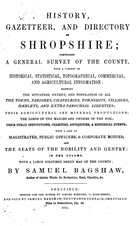 Bagshaw's, History, Gazetteer and Directory of Shropshire, 1851 - Irish ...