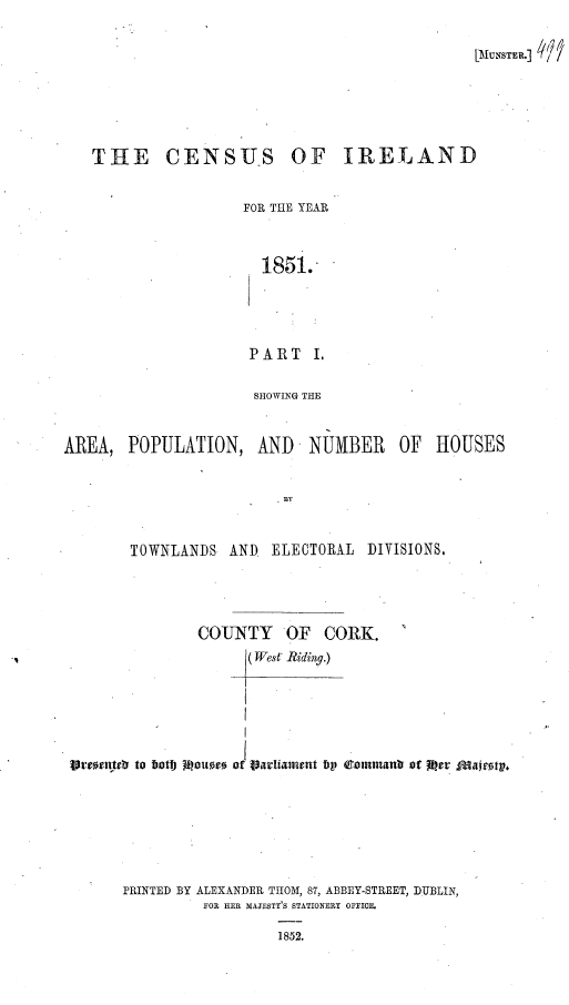 Census Reports: Cork West Riding 1851 - Irish Family History Centre
