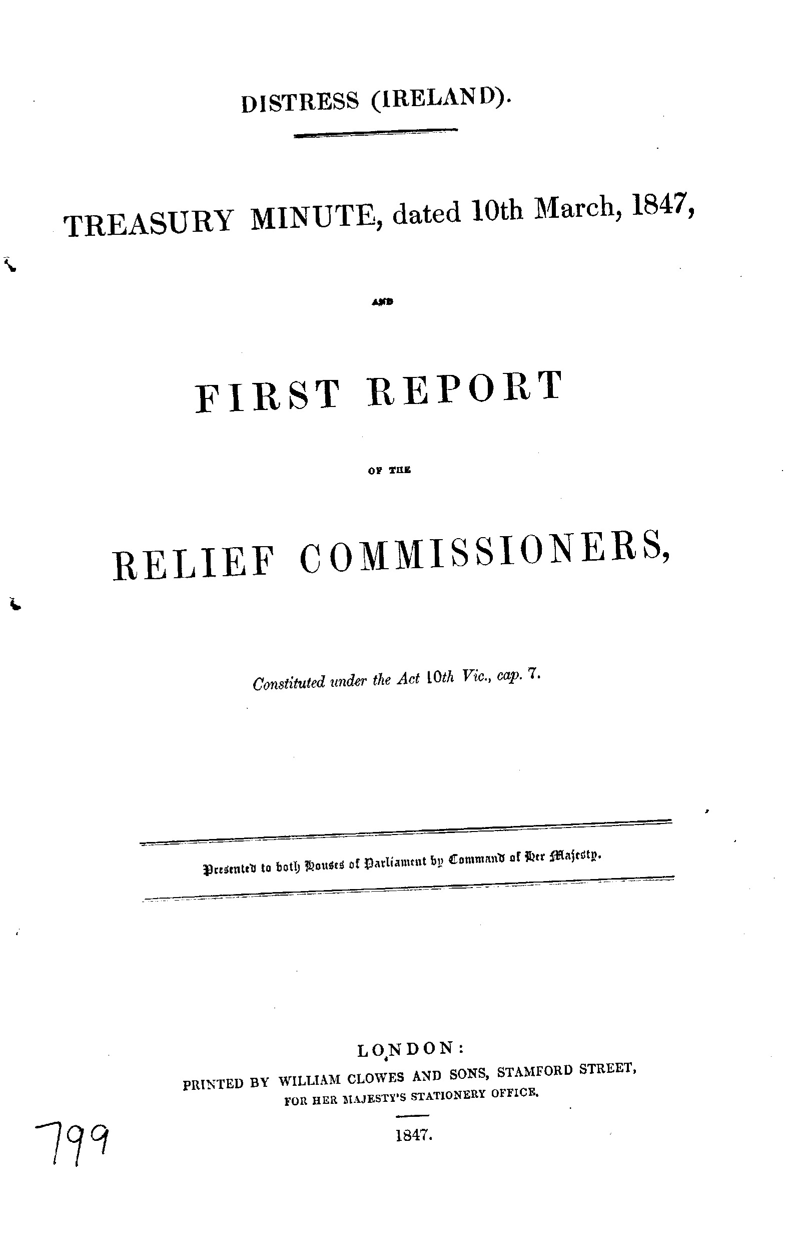 Parliamentary Report (Distress Ireland), Treasury Minute and First ...